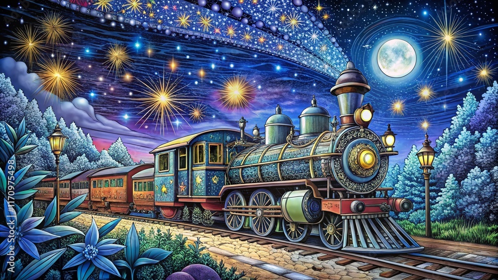 Magical Nighttime Train Coloring Pages: Enchanted Railway Journey for ...