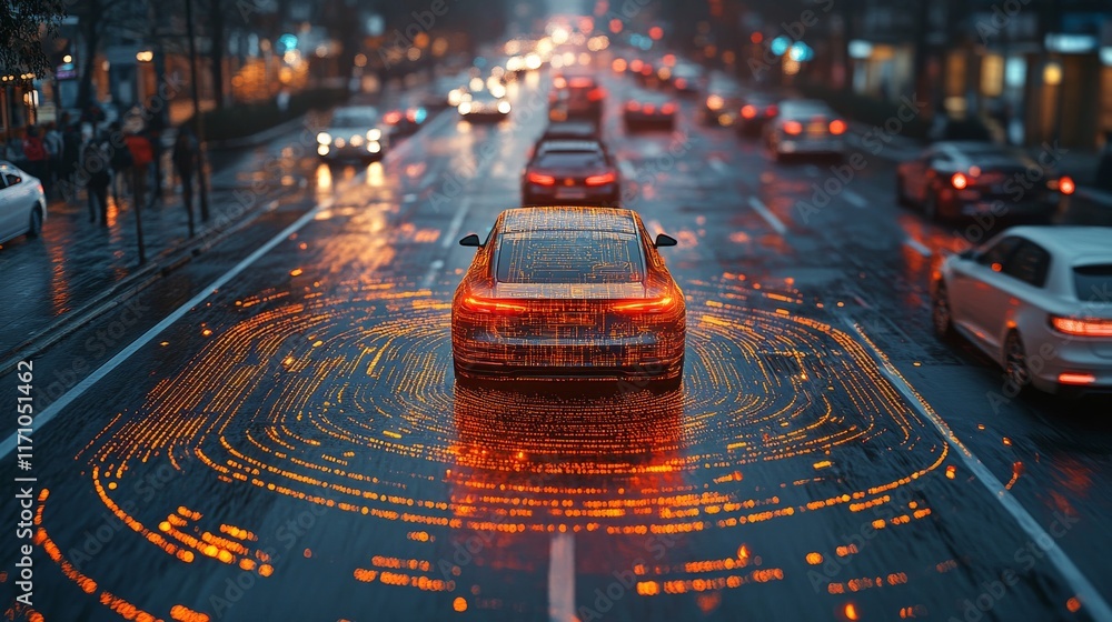 Autonomous vehicle driving on a rain-slick city street at night ...