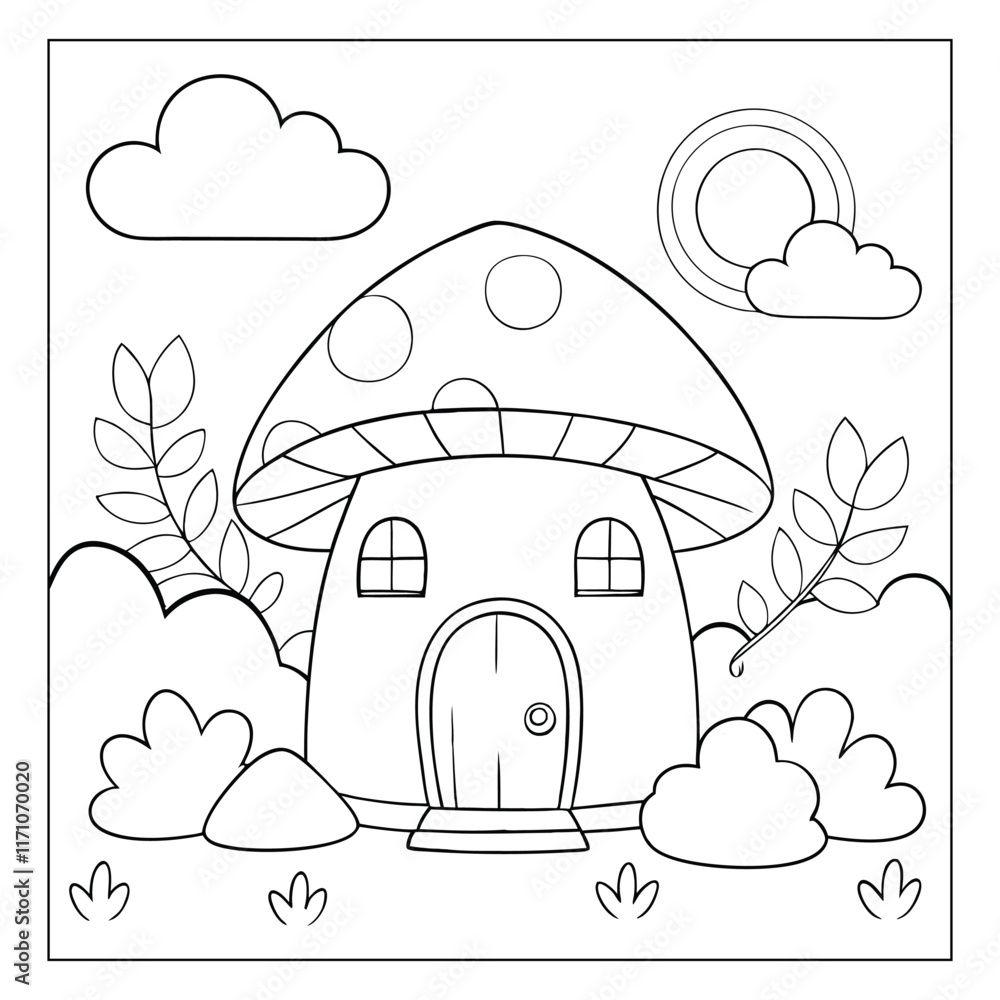fairy-tale mushroom house. Drawing in doodle style. coloring page for ...