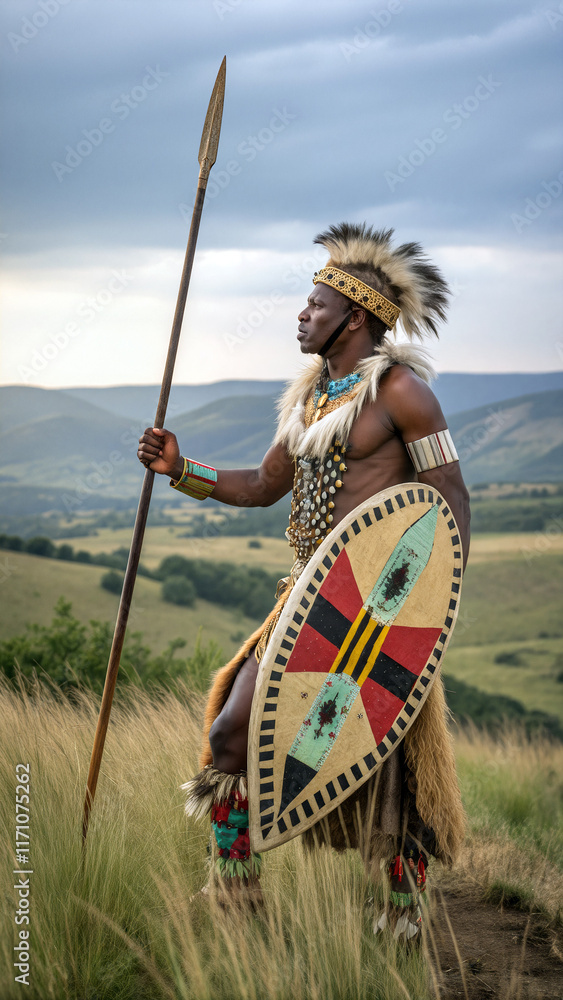A Zulu warrior proudly poses with a spear and shield in traditional ...