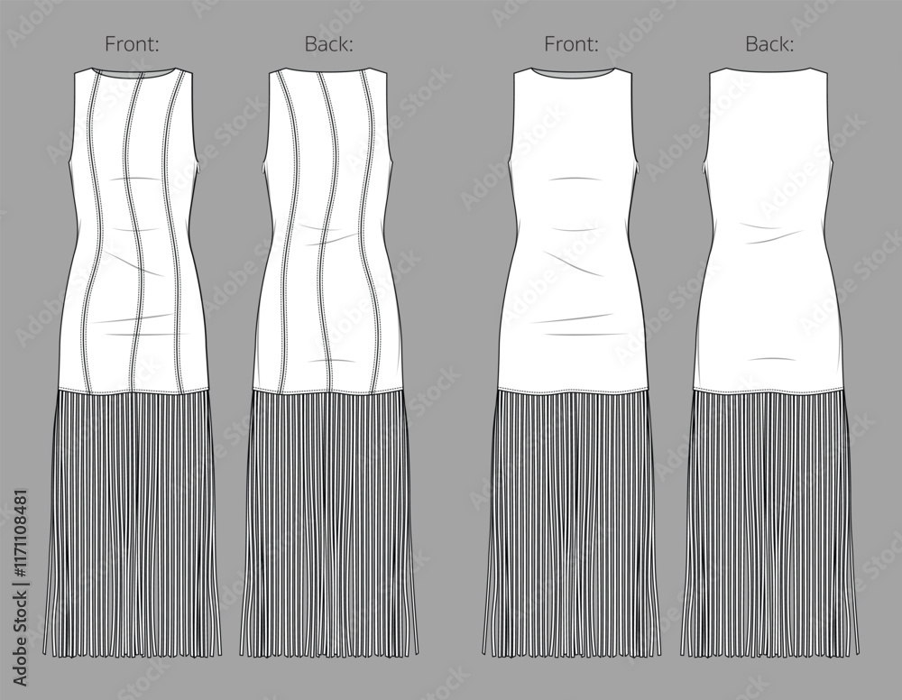Vector woman sleeveless dress with fringe trim and blocks fashion CAD ...