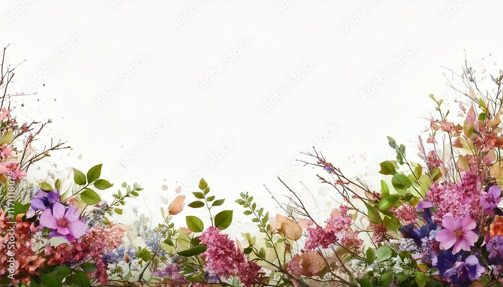 Flower twigs Overlays, summer spring painted frame white background ...
