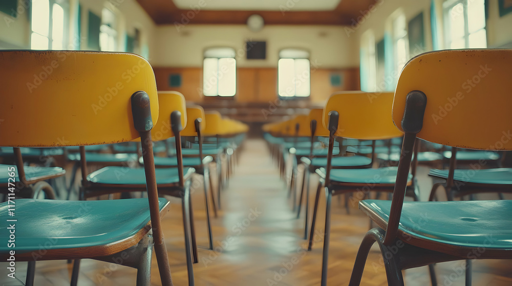 Empty school hall chairs rows, education lecture, vintage building ...