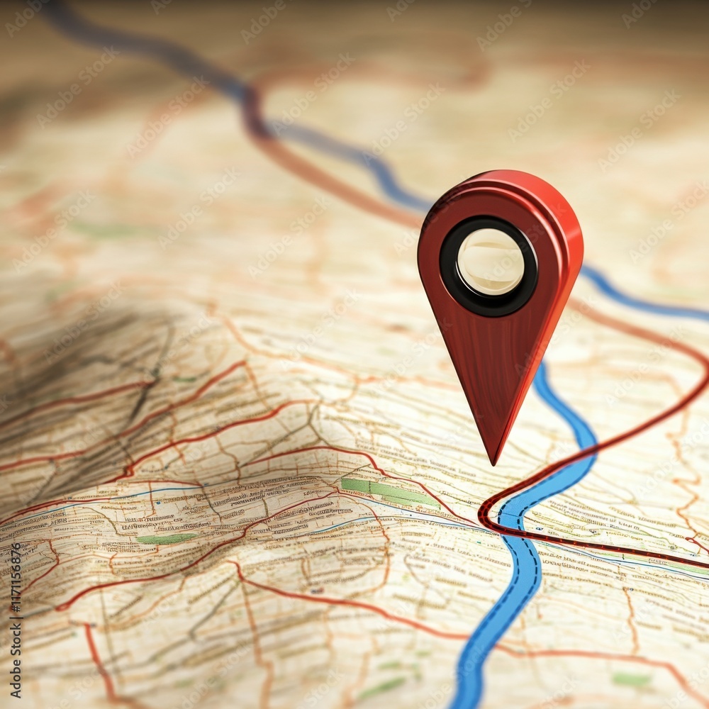 Red location pin on a detailed map with winding blue river showing a ...