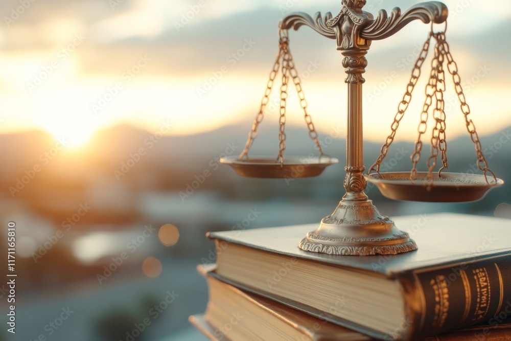 The scales of justice set on a stack of law books, with a courthouse in ...
