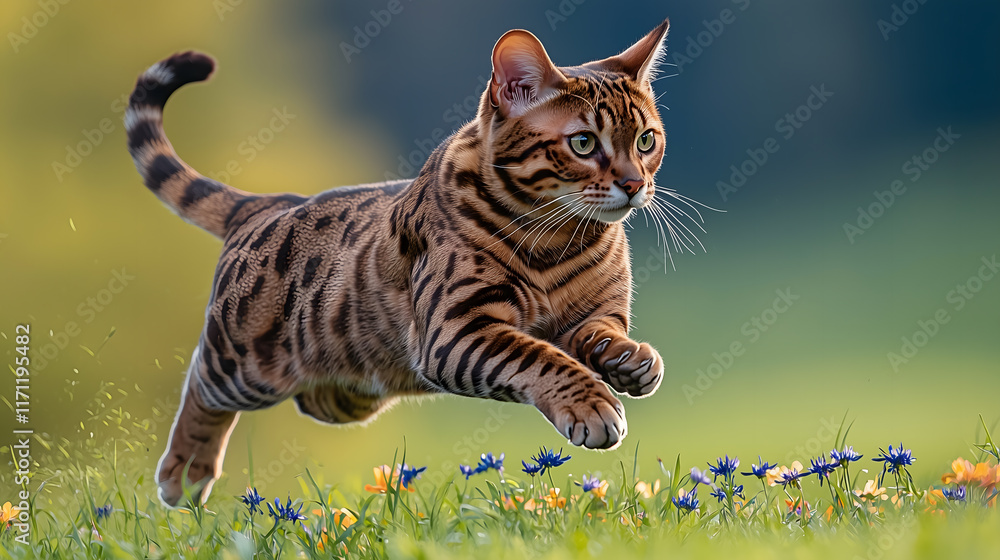 Bengal cat sprinting across lush green meadow filled with colorful ...