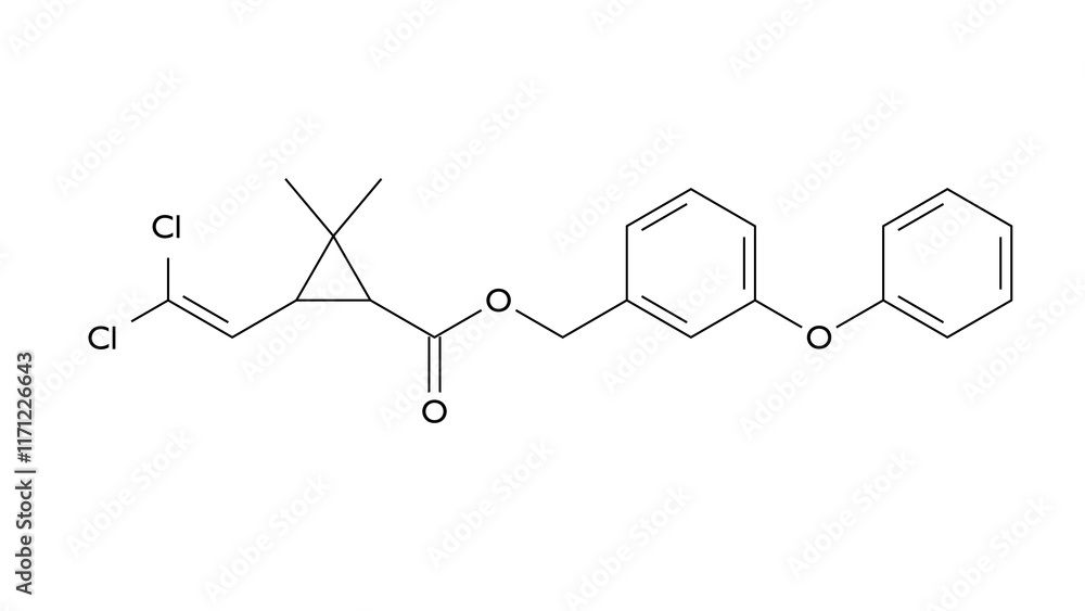 permethrin molecule, structural chemical formula, ball-and-stick model ...