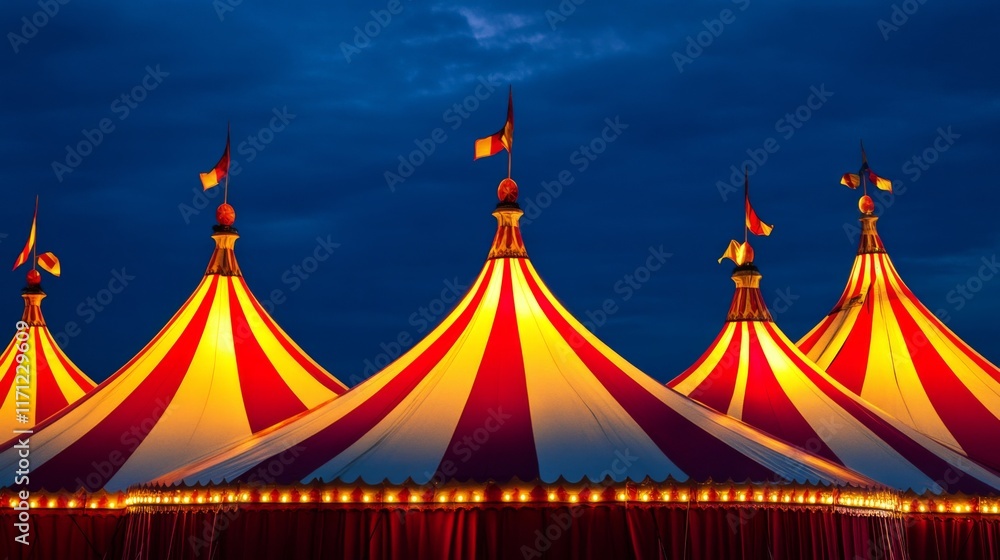 Foto de Stock Vibrant Circus Tents Under a Dramatic Evening Sky with Illuminated Flags and ...