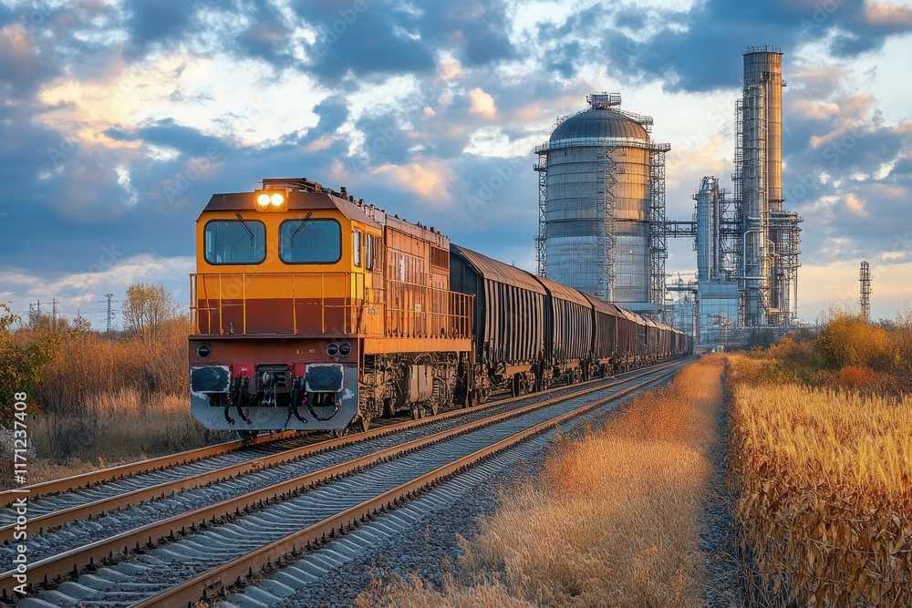 A freight train moves alongside a factory under a colorful sunset sky ...