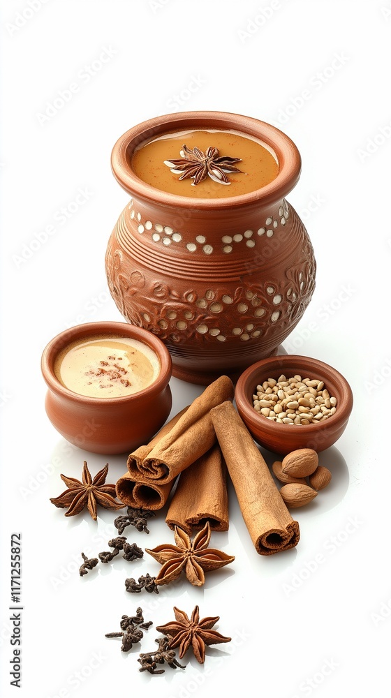 Indian tea culture: a white backdrop with a clay cup with aromatic ...