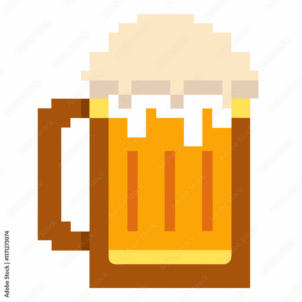 Pixelated mug of beer with frothy foam in a retro video game style ...