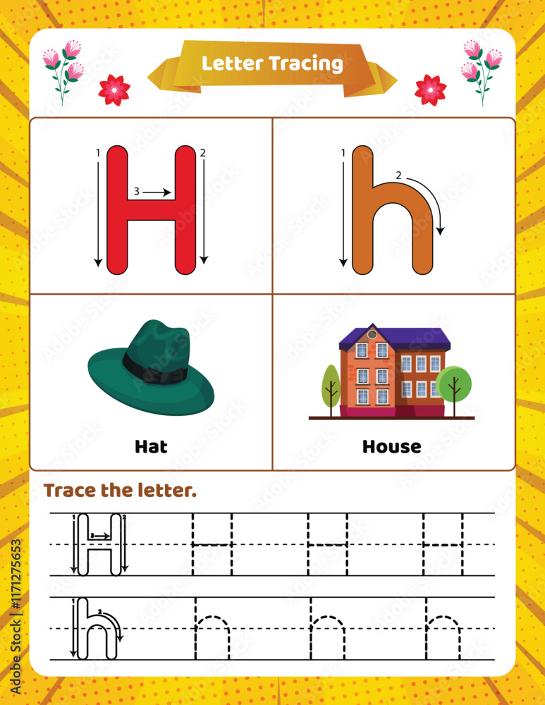 ABC alphabet tracing worksheet for kids. Letter H. Stock Vector | Adobe ...