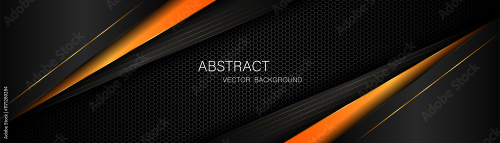Abstract black and orange polygon with golden lines on dark steel mesh background with free ...
