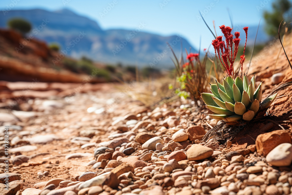 A dry riverbed meandering through red rock canyons and patches of ...