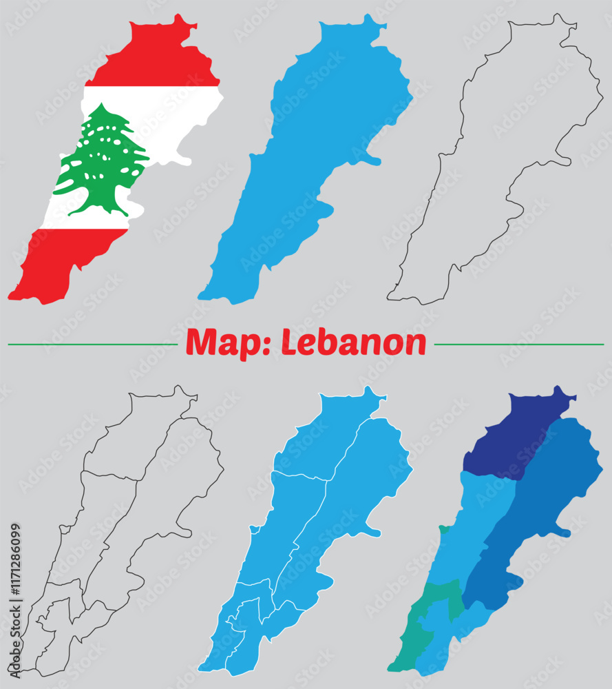 Lebanon country map set. internal provinces borders marked, Simple map ...