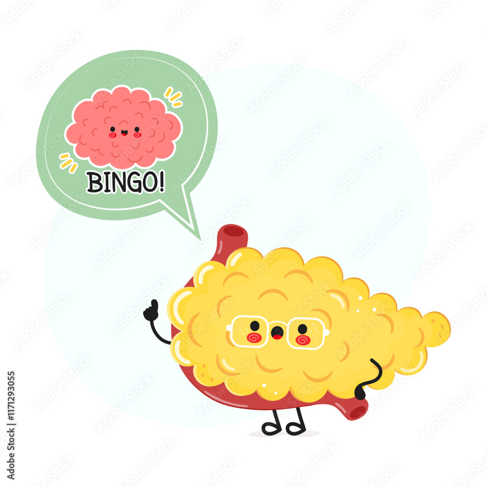 Pancreas with speech bubble and brain character. Vector hand drawn ...