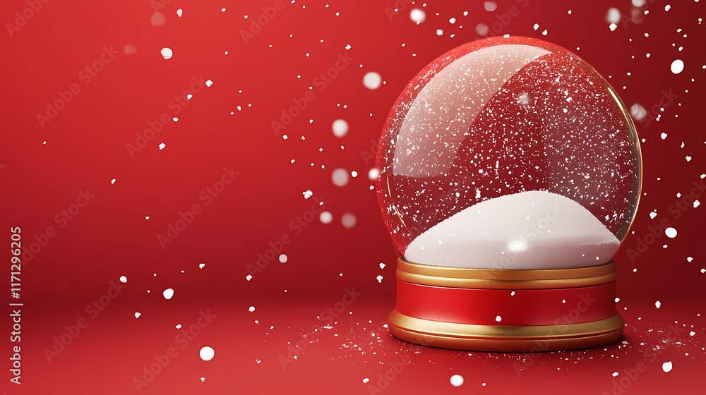 Empty christmas snow globe on a red background with delicate snowfall ...