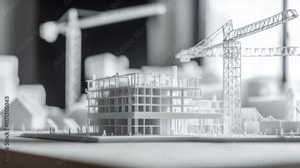 3D printed model of building under construction with cranes in ...