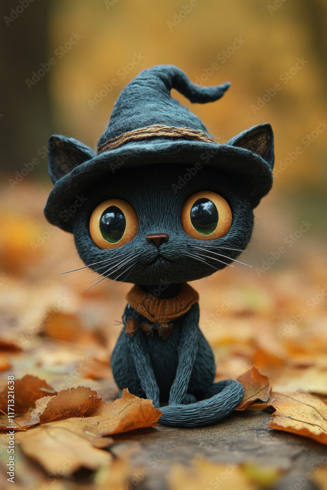 Claymation cat, A whimsical claymation black cat dons a tiny wizard hat ...