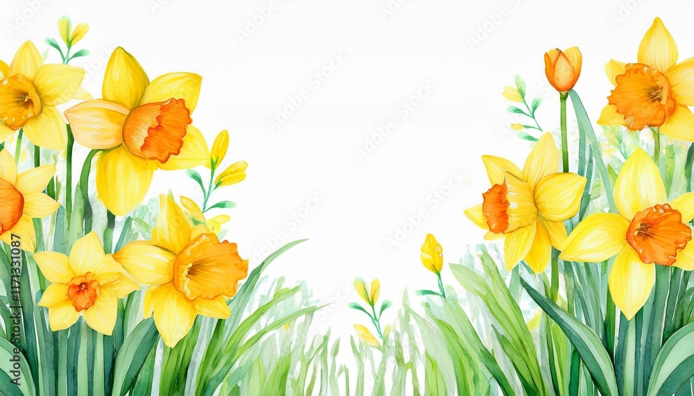 daffodil field frame or border watercolor illustration perfect for ...