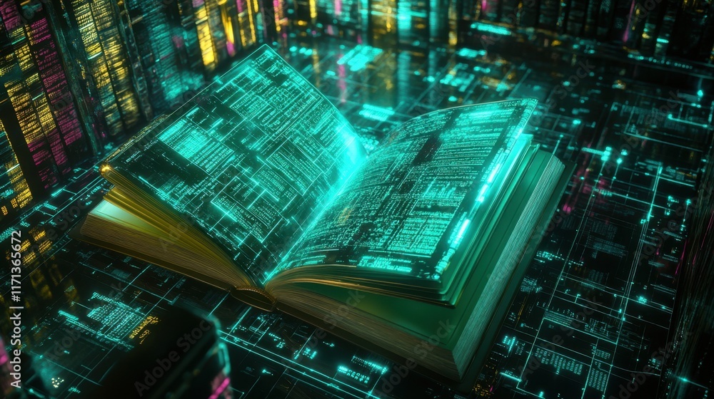 Futuristic e-book reader glowing in a cyberpunk city, neon lights ...