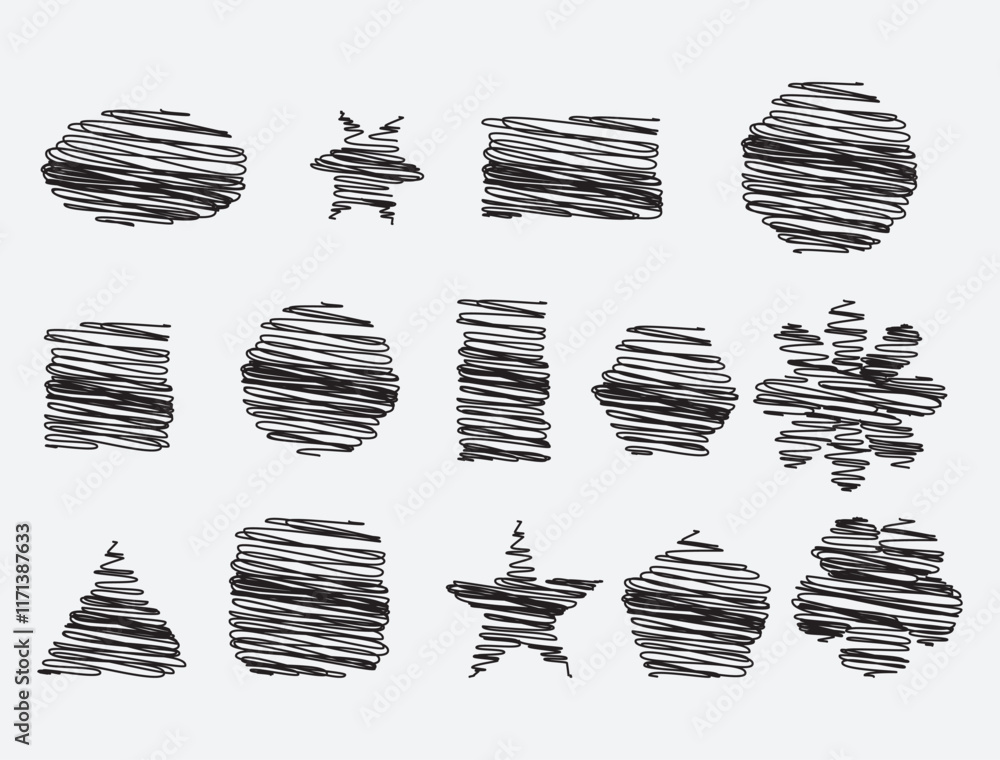 Hand draw SCRIBBLE math Basic geometric shapes collection. vector ...