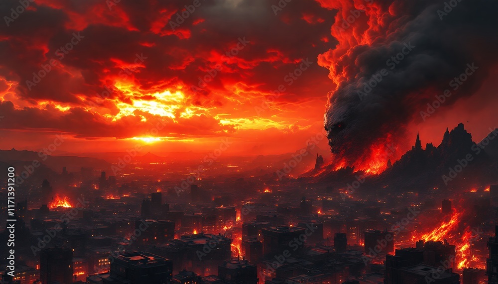 Infernal Cityscape: A fiery apocalypse unfolds, a demonic visage ...