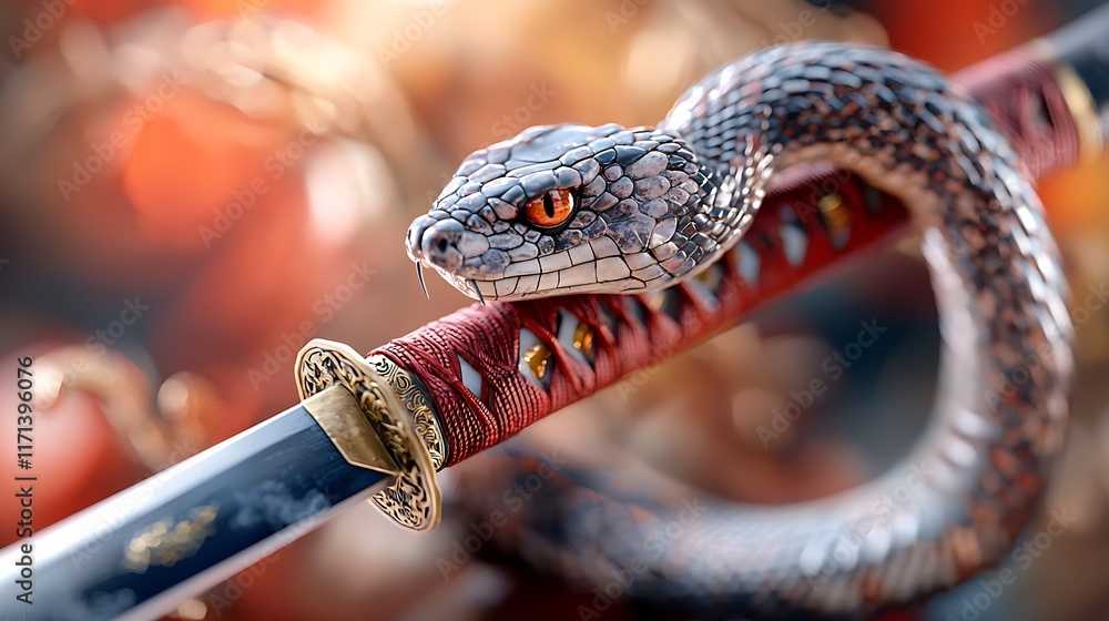Coiled snake tightly wrapped around the gleaming blade of an ornate ...