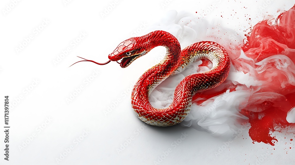 Dramatic red snake symbol painted with bold expressive ink brush ...