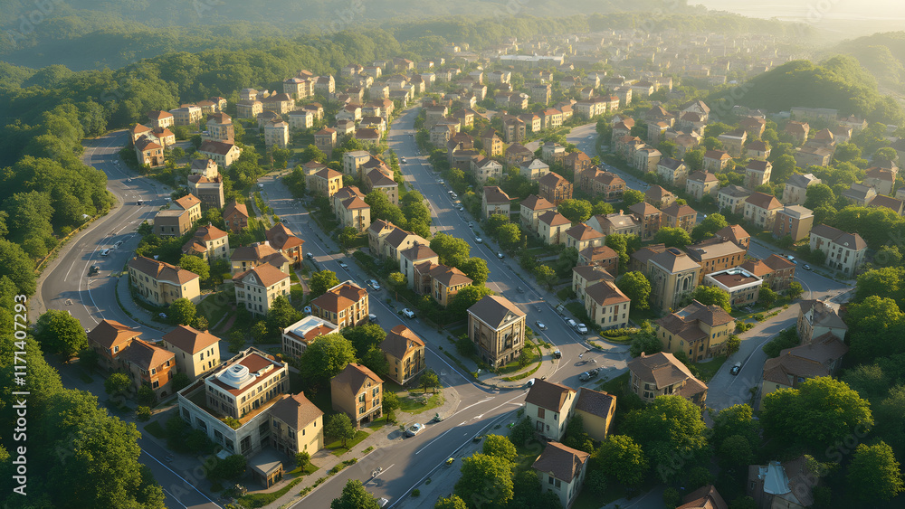 Organic city design with curved roads. Unique building placements for an ultra-realistic feel ...