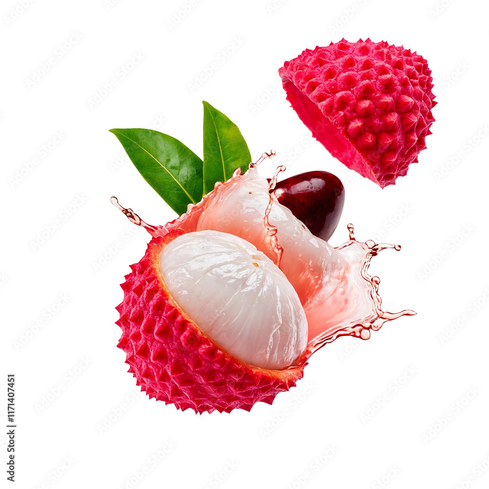 Water splash on fresh lychee juice splash with leaves isolated on ...