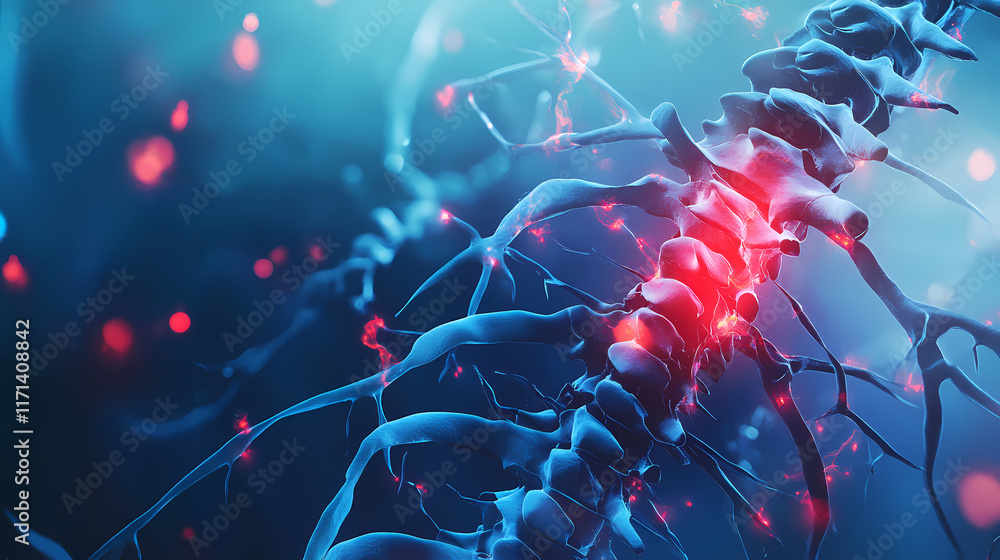 Illustration x-ray of lower back pain with highlighted spine and neural ...