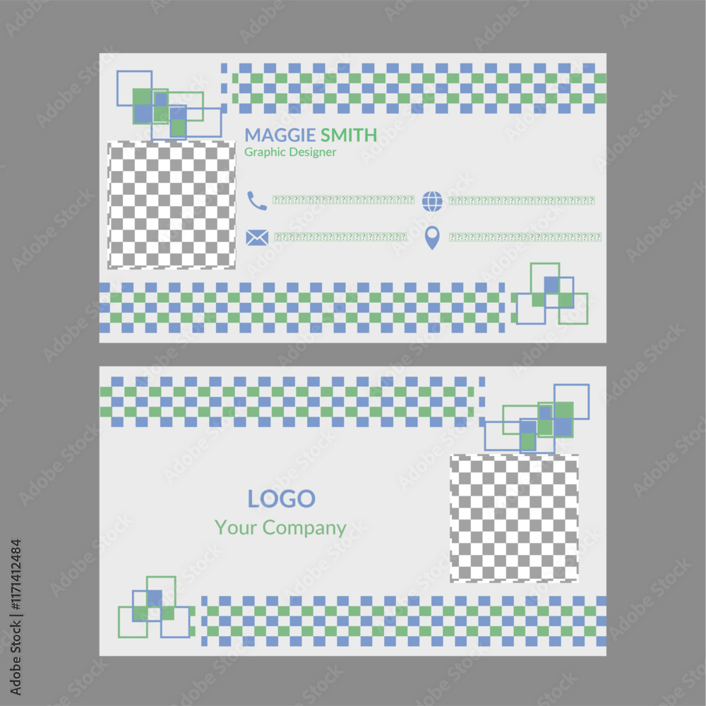 Professional Business Card designed of squares, patterns, icons, header ...