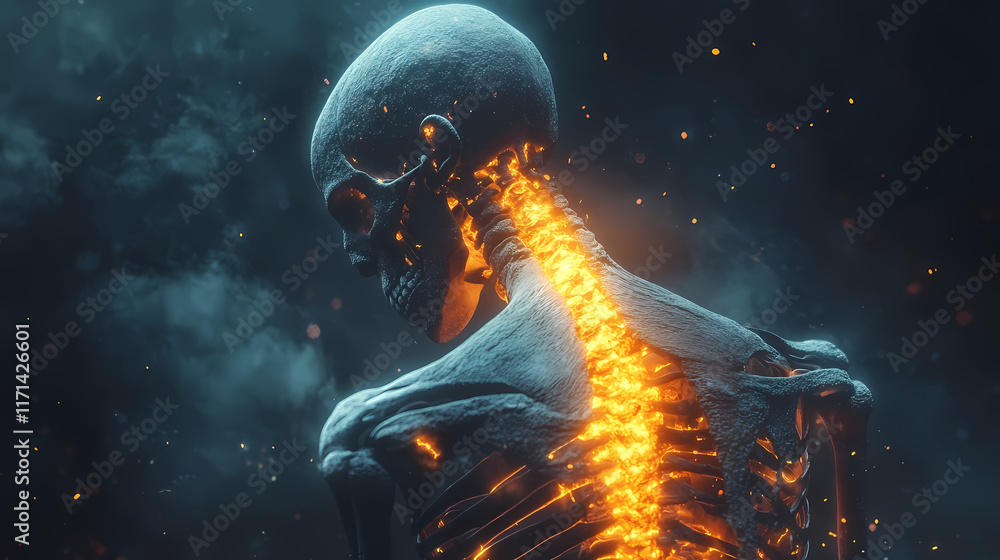 3d skeleton view with the entire spine and surrounding muscles glowing ...