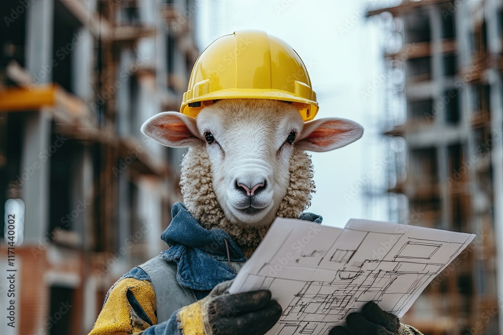 sheep in a yellow helmet, in construction clothes. against the backdrop ...