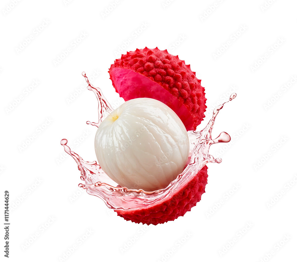Water splash on fresh lychee juice splash with leaves isolated on ...