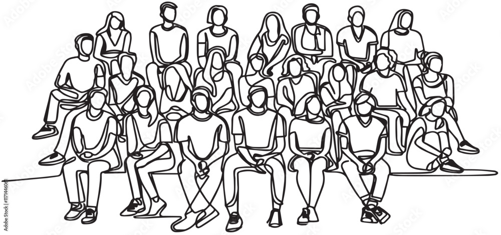 Group of people continuous one line vector drawing. Family, friends hand drawn characters. Crowd ...