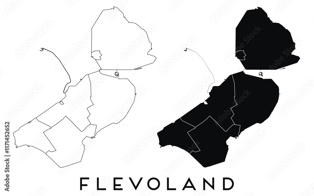 Flevoland map of regions districts vector black on white and outline ...