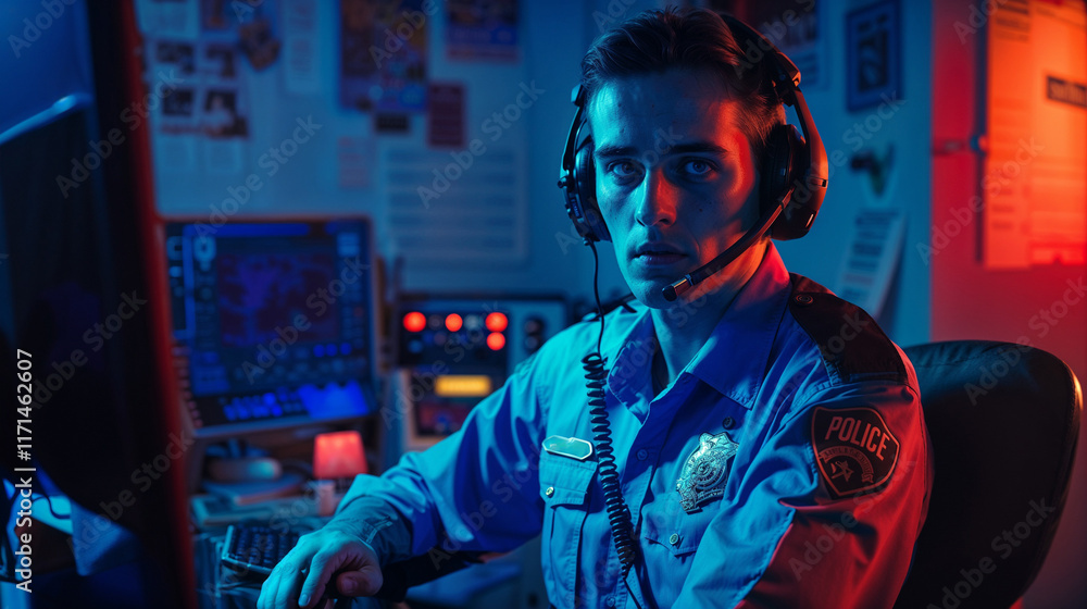 Police dispatcher monitoring screens in command center with dual-tone ...