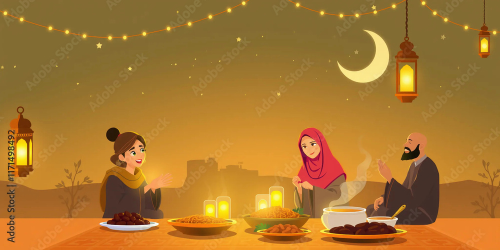 An animated scene of a peaceful Ramadan evening, featuring a family ...