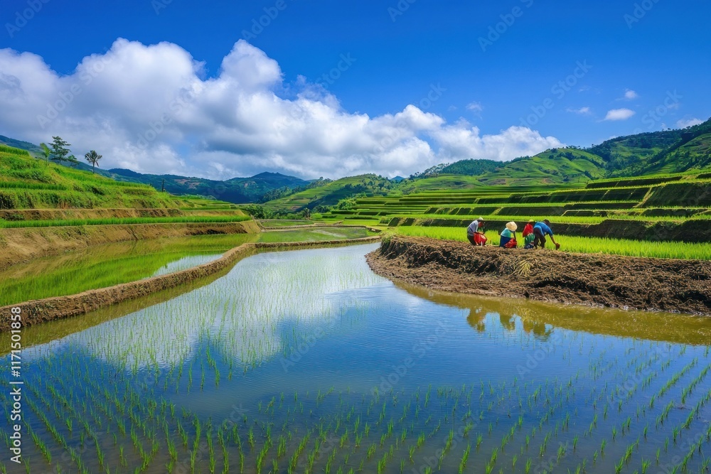 Farmers in colorful attire tend serene rice paddies mirroring the blue ...