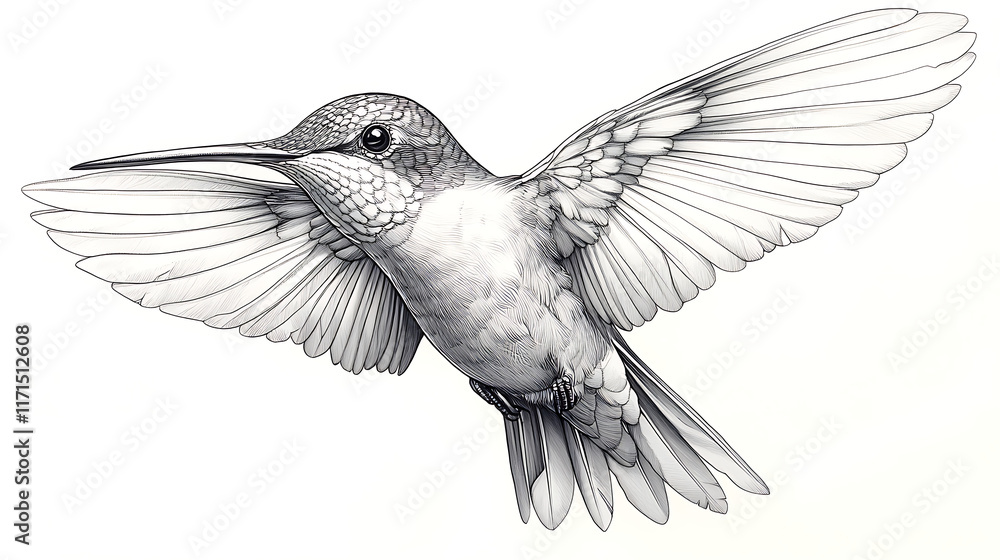 Detailed pencil sketch of a hummingbird in flight, wings spread wide ...