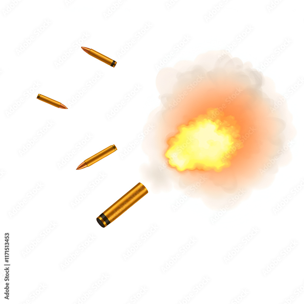 Flying bullets with smoke traces from gun shot. Vector realistic set of bullets different ...