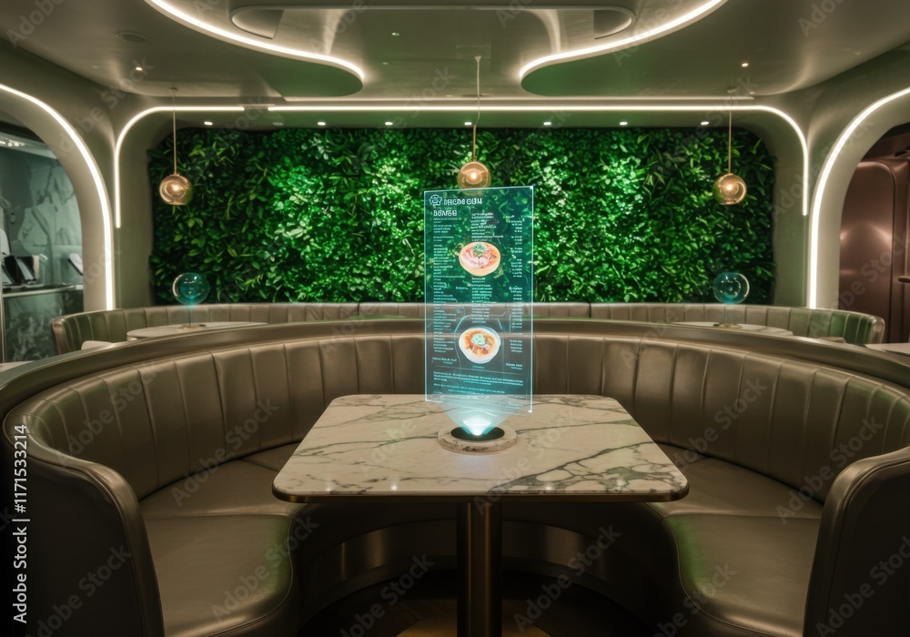 Futuristic café design with metallic furniture and a holographic menu ...