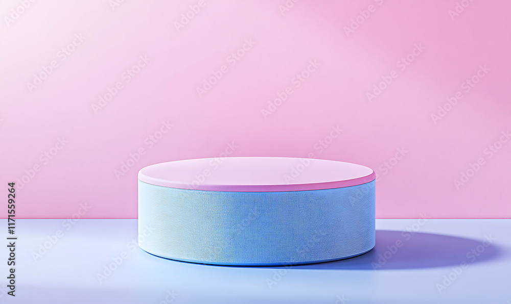 Pastel color palette, Circular podium, Soft lighting, Geometric shapes ...