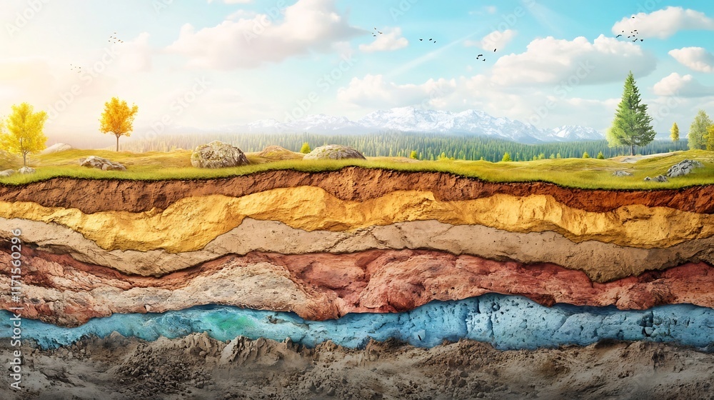 Cross Section View of Diverse Geological Layers and Landscapes in ...