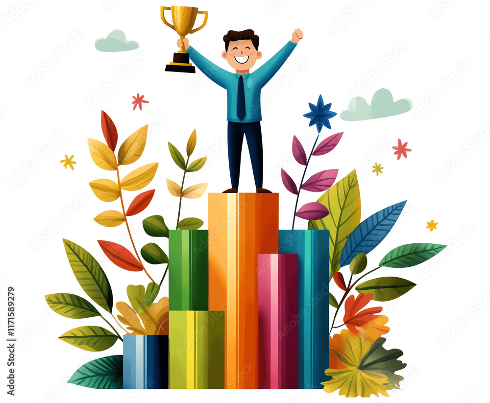 grow in job position, a cheerful cartoon character standing ...