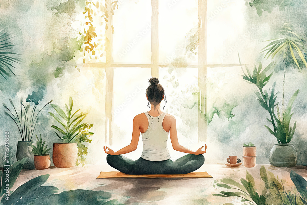 Mindful Meditation: Watercolor Illustration of Woman in Lotus Pose with ...