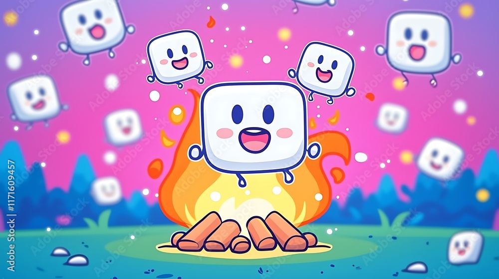 Cartoon marshmallows with happy faces, roasting over a cheerful ...