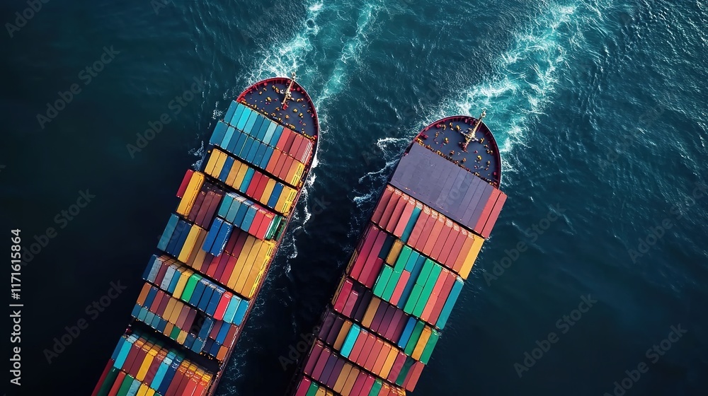 An aerial view of two cargo ships filled with colorful containers ...